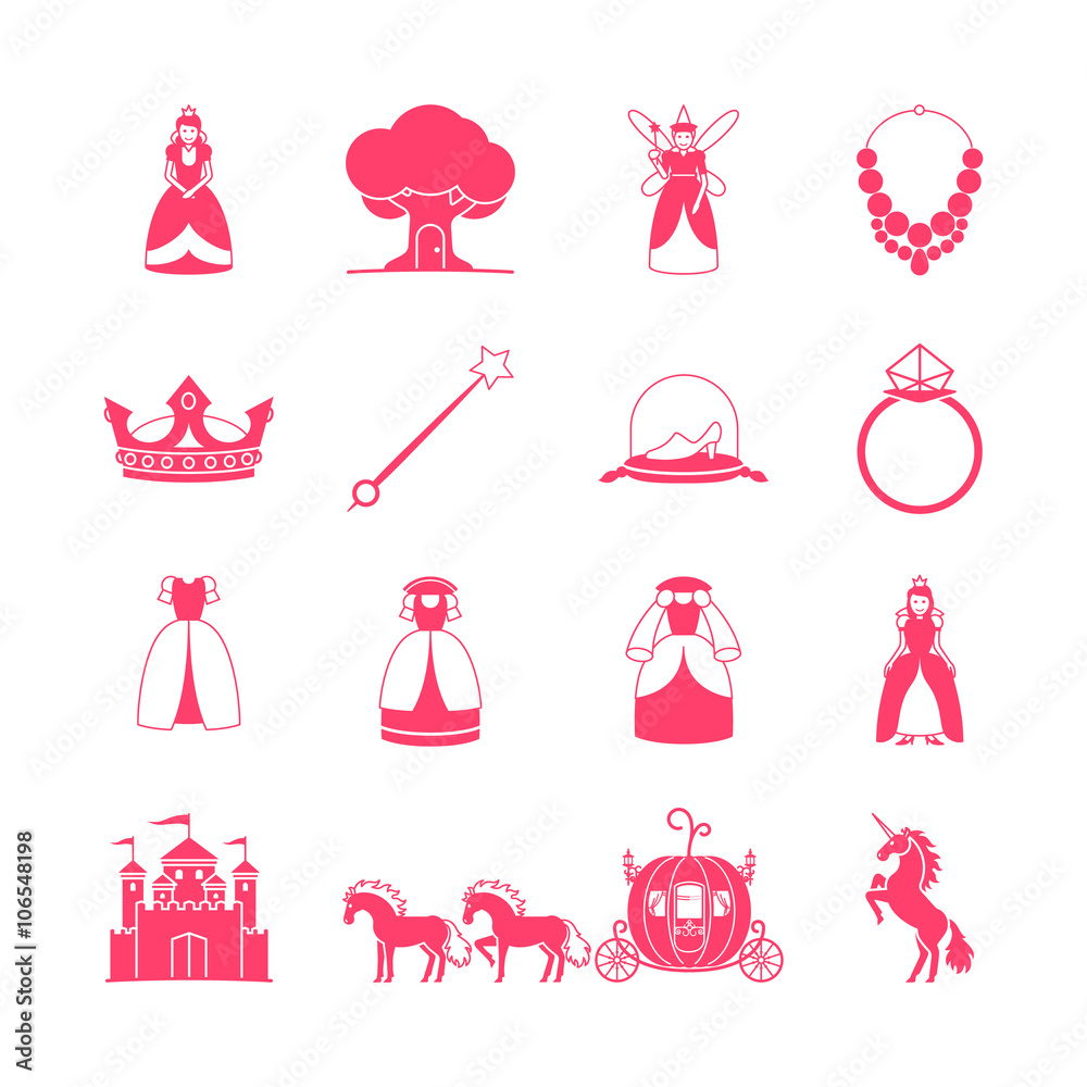 Princess icon set. Princess fairytale items. Vector illustration Stock ...