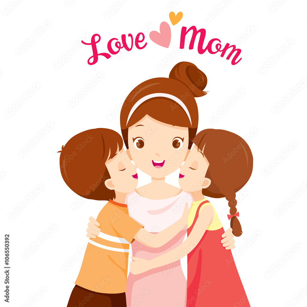 Son And Daughter Hugging Their Mother And Kissing On Her Cheeks Mother