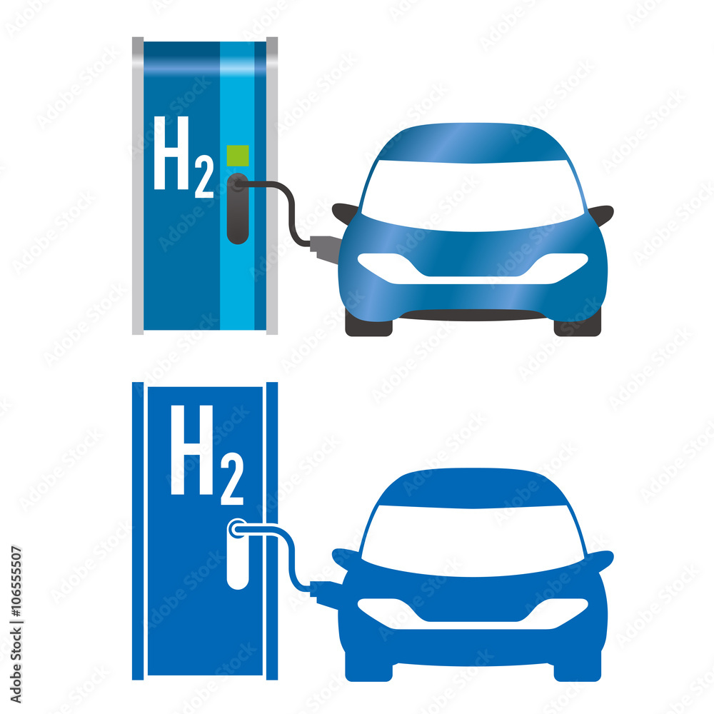 fuel cell vehicle and hydrogen filling station, simple icon, vector ...
