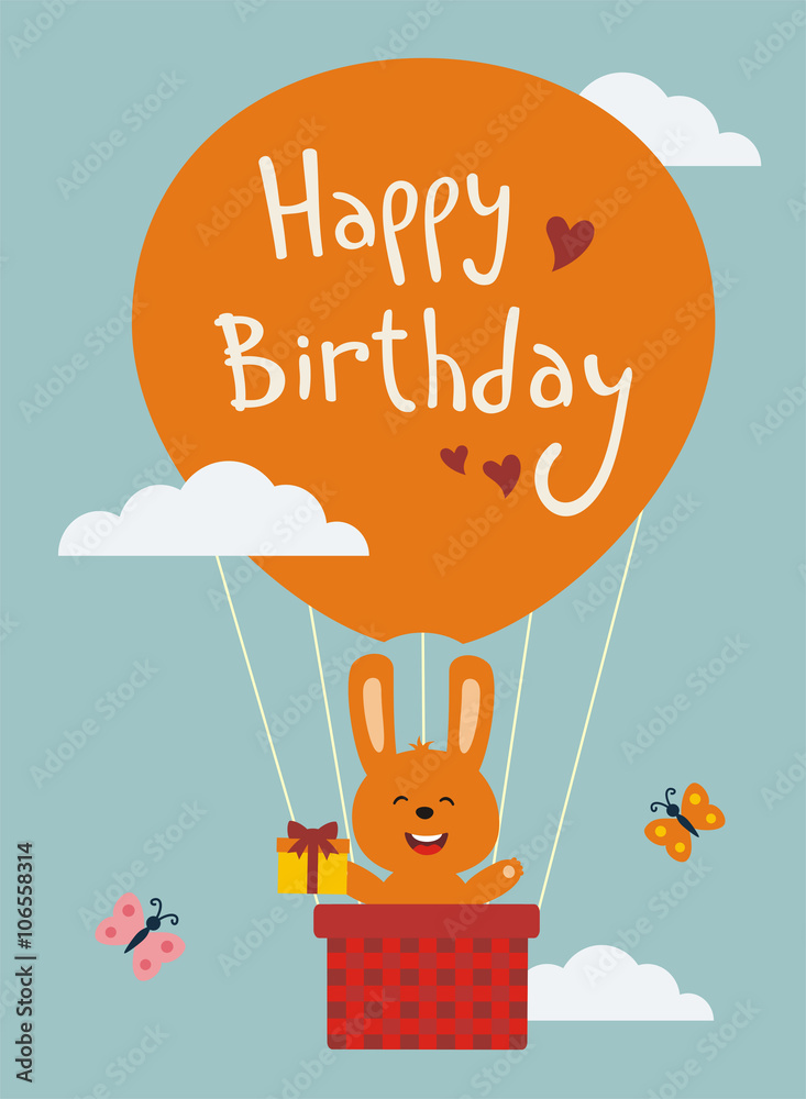 Happy birthday! Funny bunny flying on balloon with birthday gift in ...