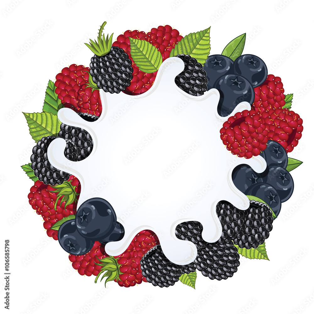 Yogurt splash isolated on wild berries. Milk splash. Wild berries ...