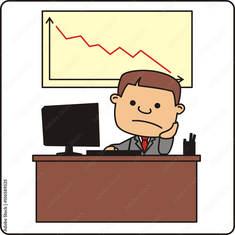 Sad manager at desktop. Isolated manager on white background. Cartoon ...