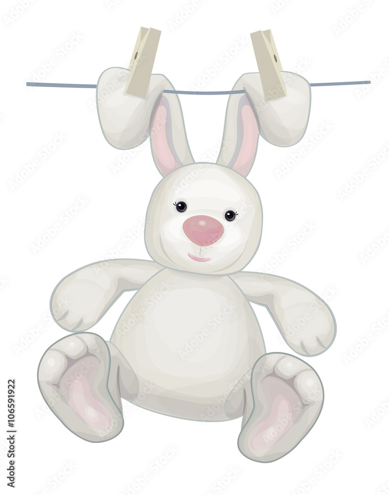Vector hanging white rabbit cartoon on clothing line with pegs. Stock ...