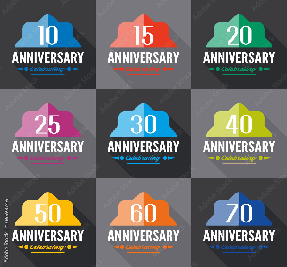 Vector set of anniversary signs, symbols. 10, 15, 20, 25, 30, 40, 50 ...
