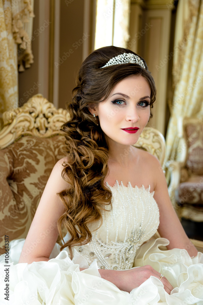 Beautiful brunette Bride portrait wedding makeup and hairstyle with ...