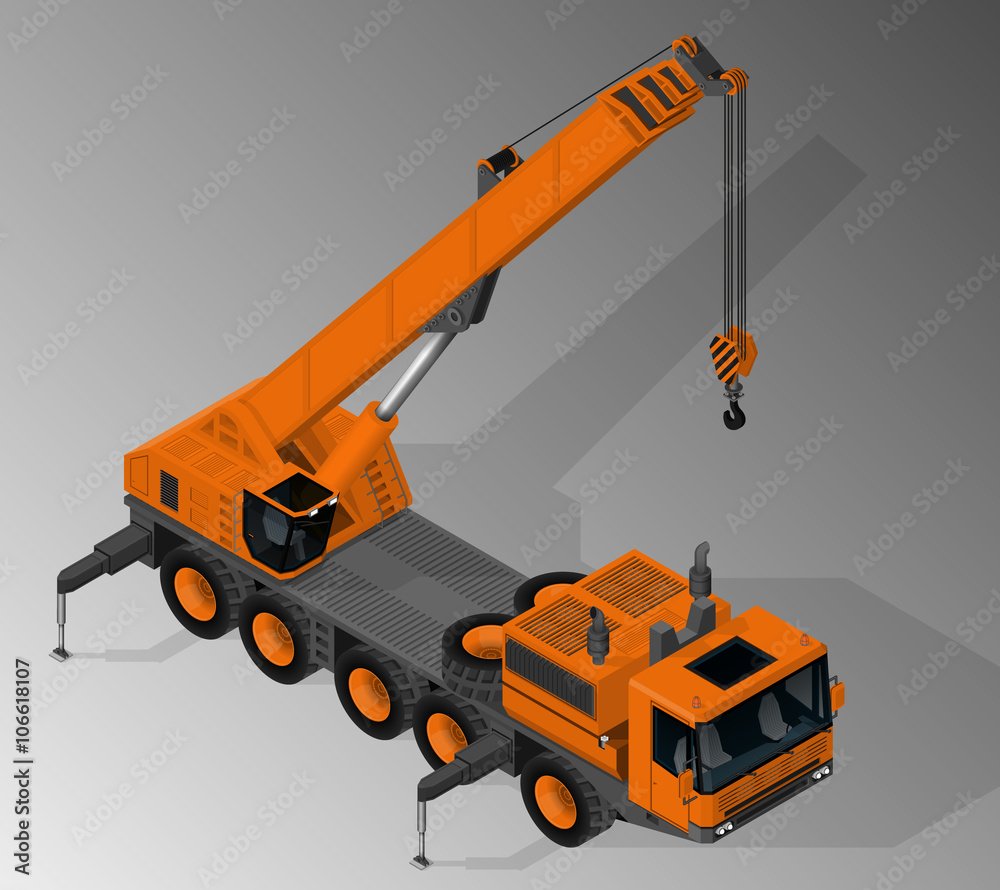 Vector isometric illustration of mobile crane. Equipment for the ...