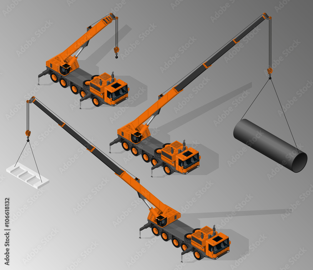 Vector isometric illustration of three views of mobile crane. Equipment ...