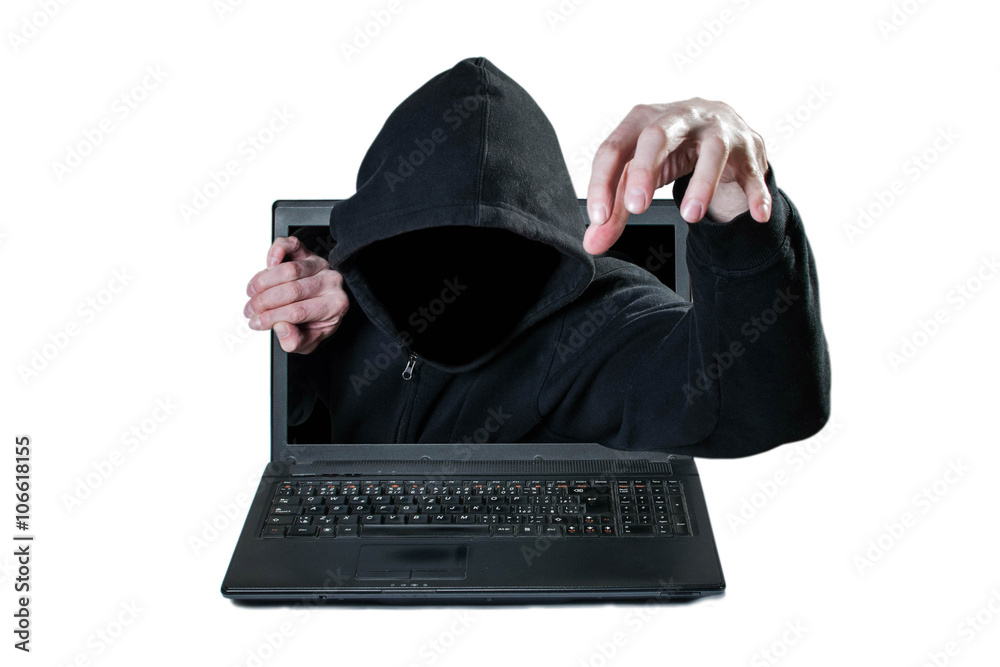 Scary man without face reaching out from the computer, danger from ...