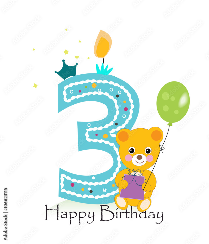 Happy third birthday candle. Baby birthday greeting card with teddy ...