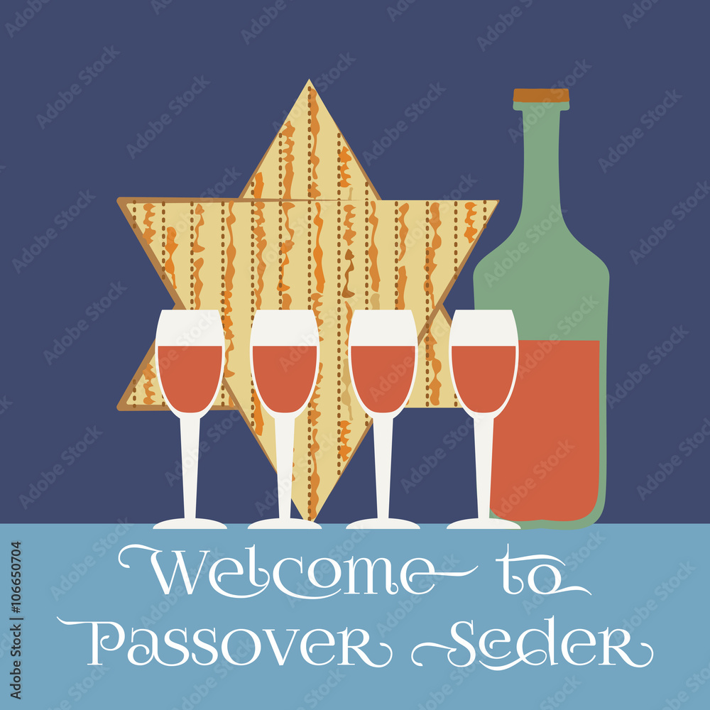 Vetor de Happy Passover poster, card. Matzah bread, wine for Passover ...