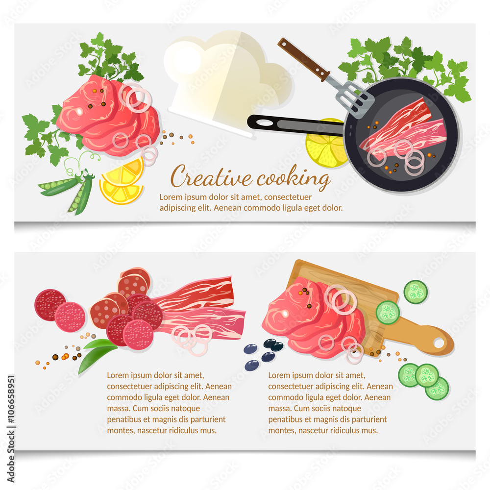 Cooking food banner top view meat and vegetables Stock Vector | Adobe Stock