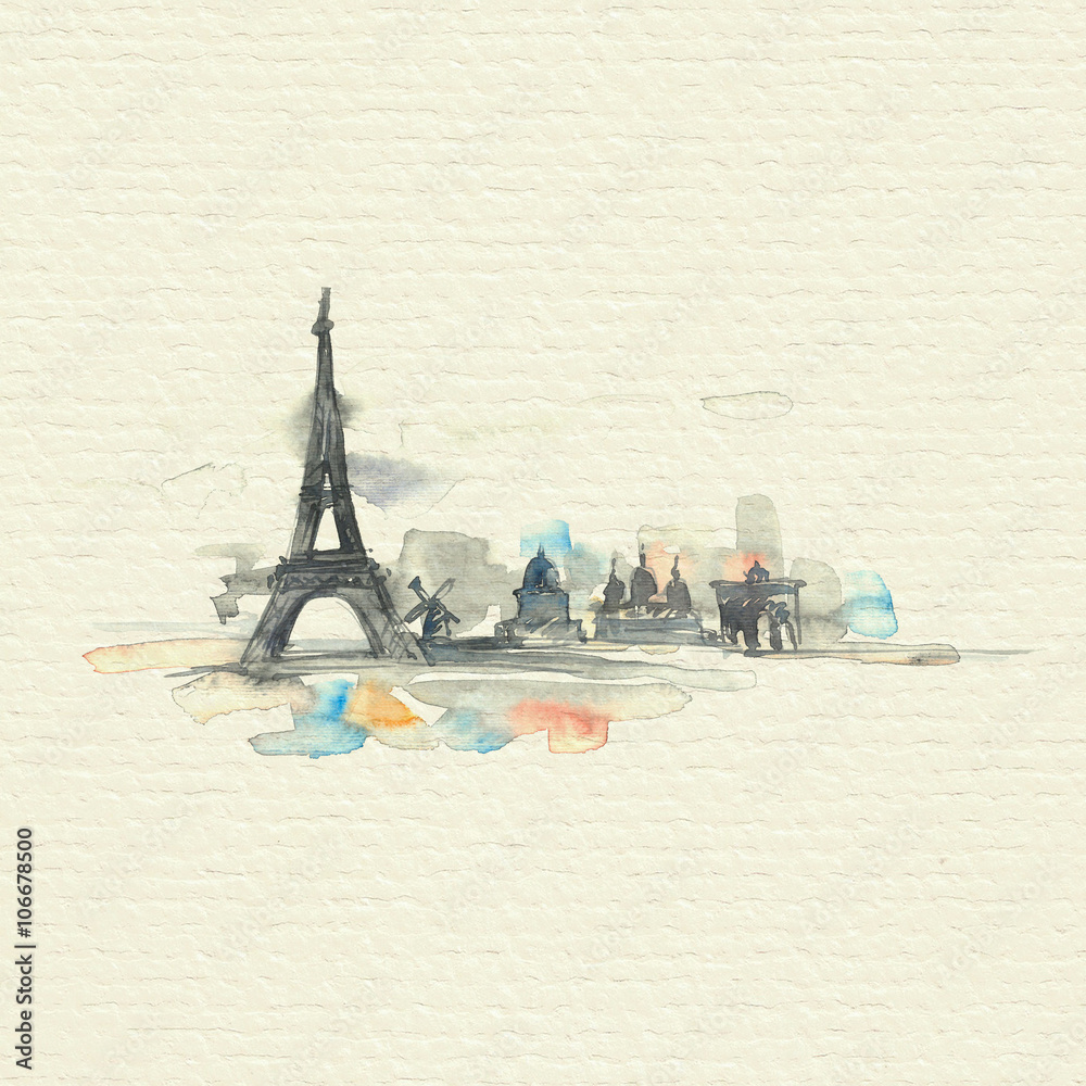 Paris city painted with splashes of watercolor drops. Watercolor ...