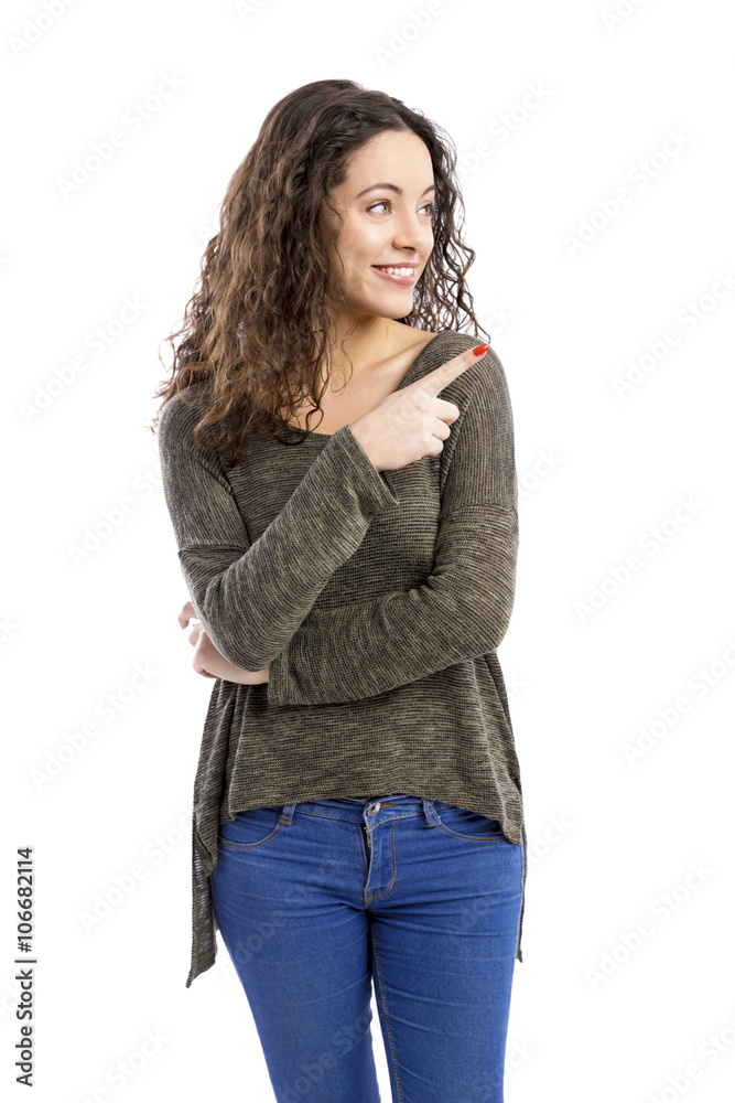 Happy girl pointing Stock Photo | Adobe Stock