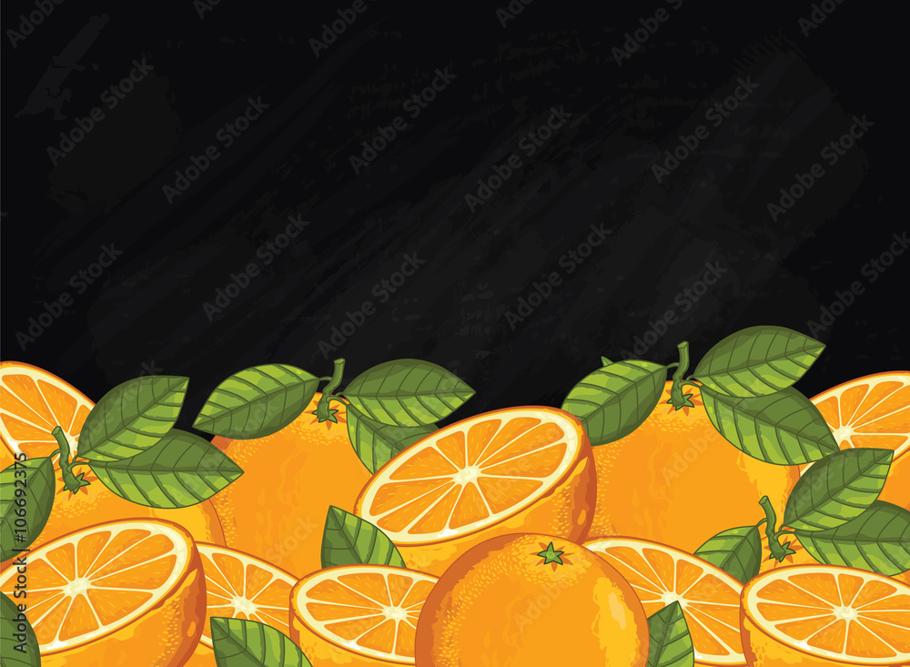 Orange on chalkboard background. Orange composition, plants and leaves ...