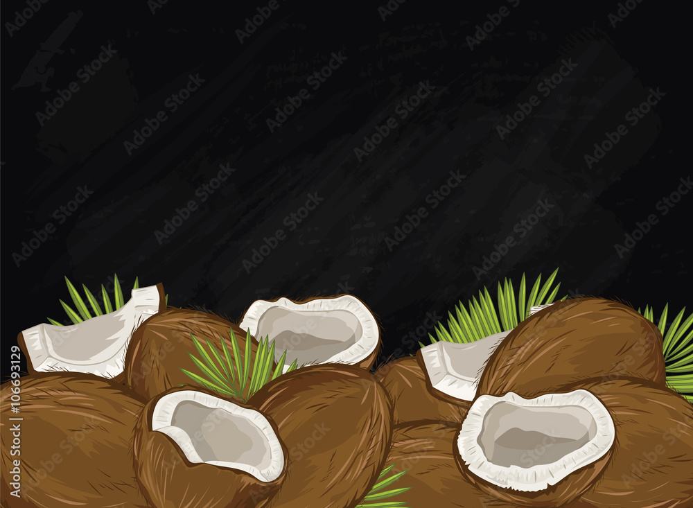 Coconut on chalkboard background. Coconut composition, plants and ...