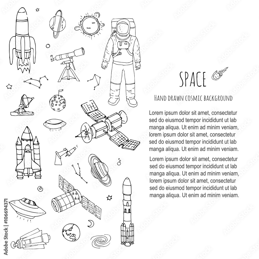Hand drawn doodle Space and Cosmos set Vector illustration Universe ...