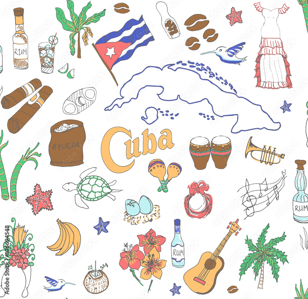 Vecteur Stock Seamless background Set of hand drawn Cuba icons Cuban ...
