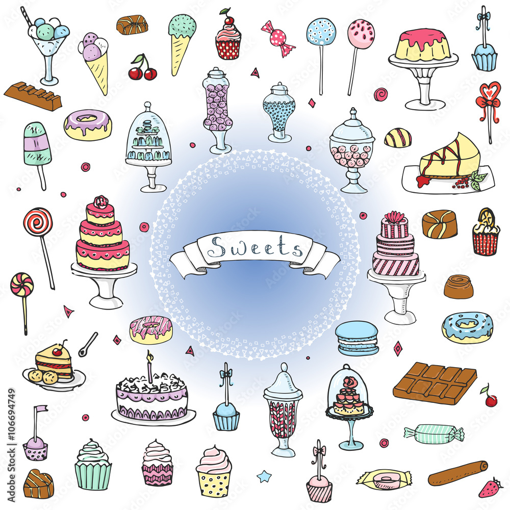 Hand drawn doodle Sweets set Vector illustration Sketchy Sweet food ...