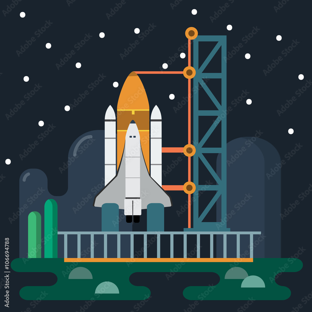 Rocket before Launch. Galaxy Exploration. Space Rocket and Launch Tower ...