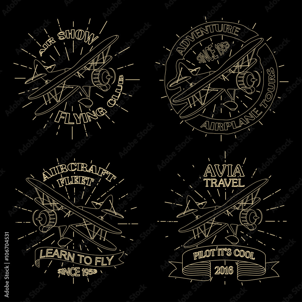 Vintage airplane emblems. Biplane beige labels on black background ...