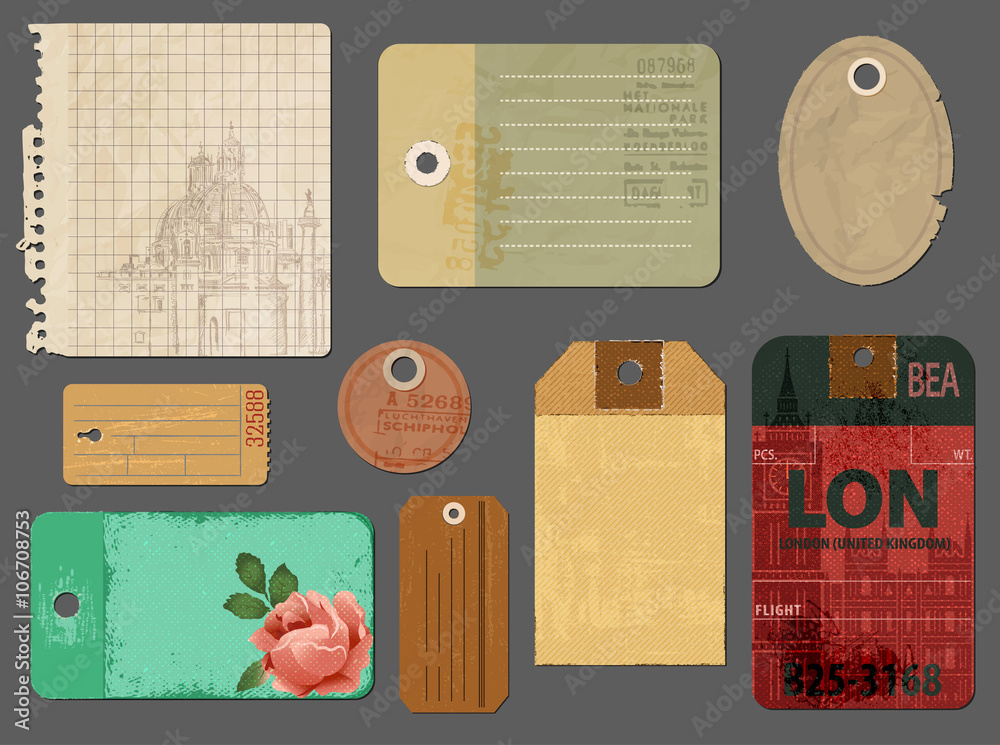 Vintage Tags and Scraps of Paper - Set of tattered vintage tags, torn ...