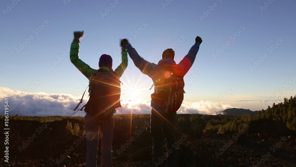 Success, achievement and accomplishment concept with hiking people ...