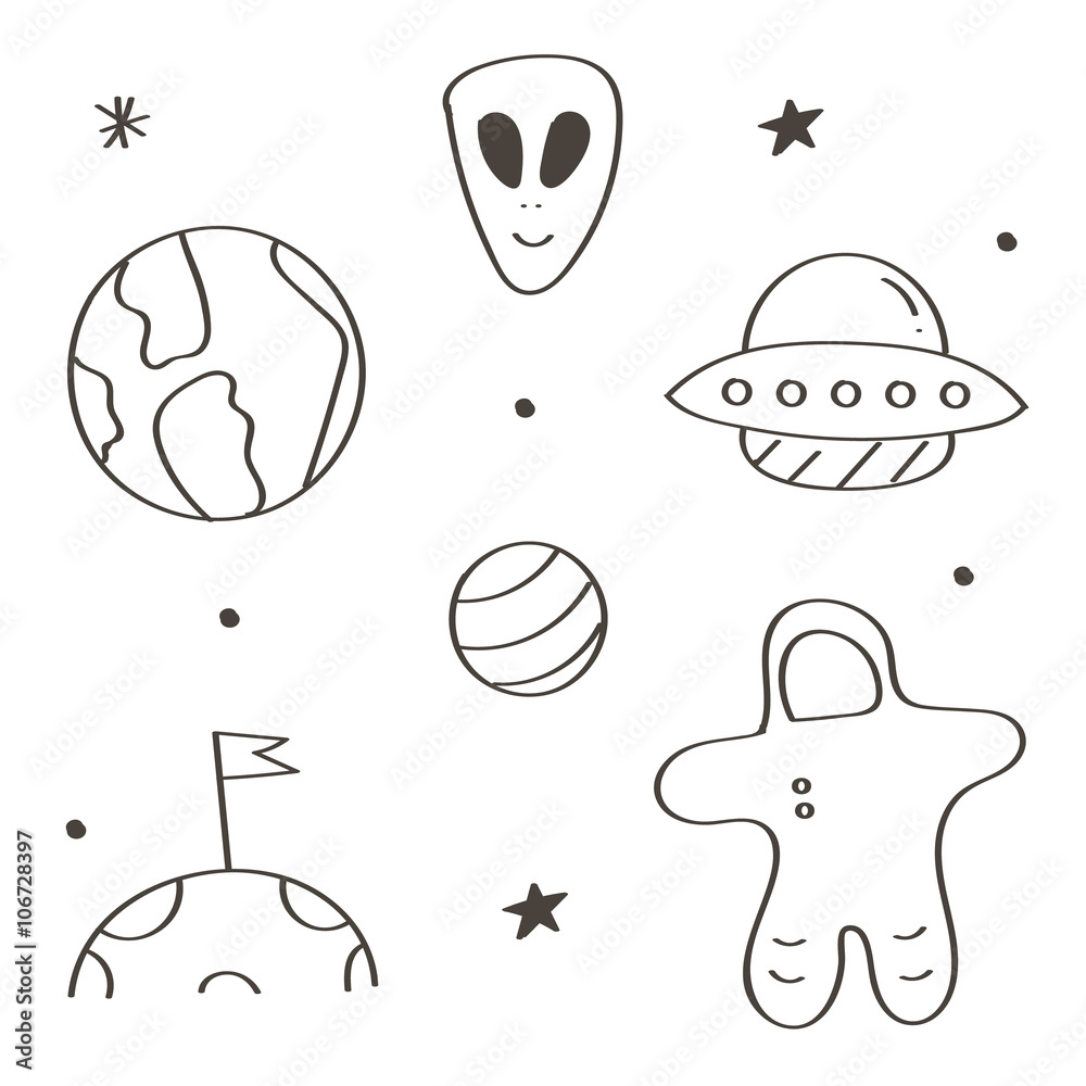Set of cute monochrome space doodles isolated on white background ...