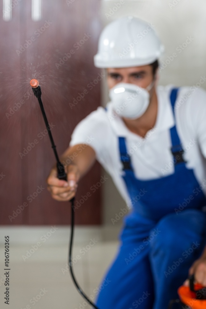 Manual worker spraying insecticide in kitchen Stock Photo | Adobe Stock