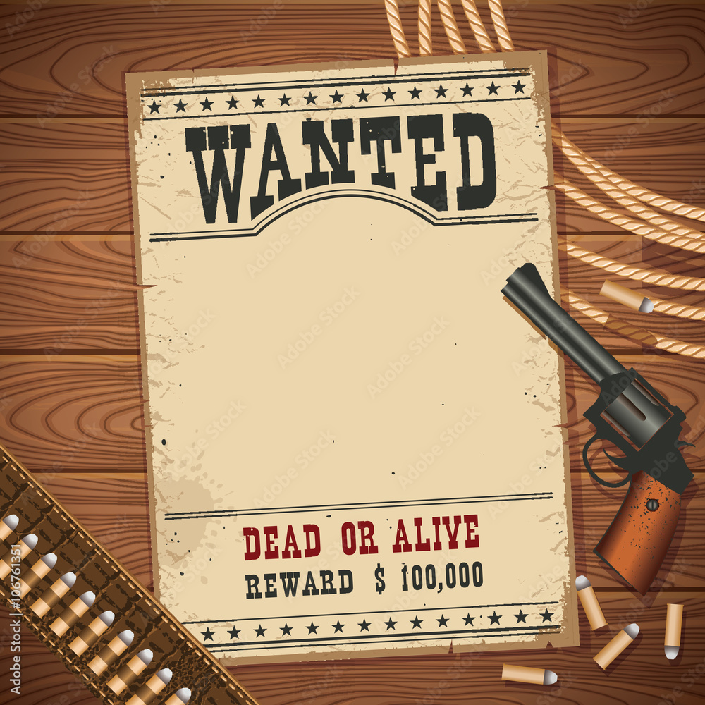 Wanted poster with western objects on wood texture Stock Vector | Adobe ...