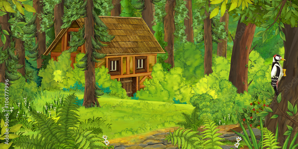 Cartoon nature scene with old house in the forest - illustration for ...