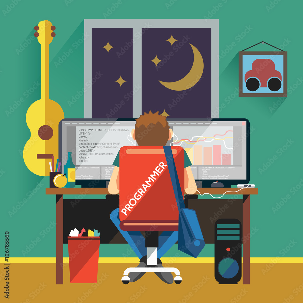 Programmer Working from Home. Freelancer Working at Night sitting on ...