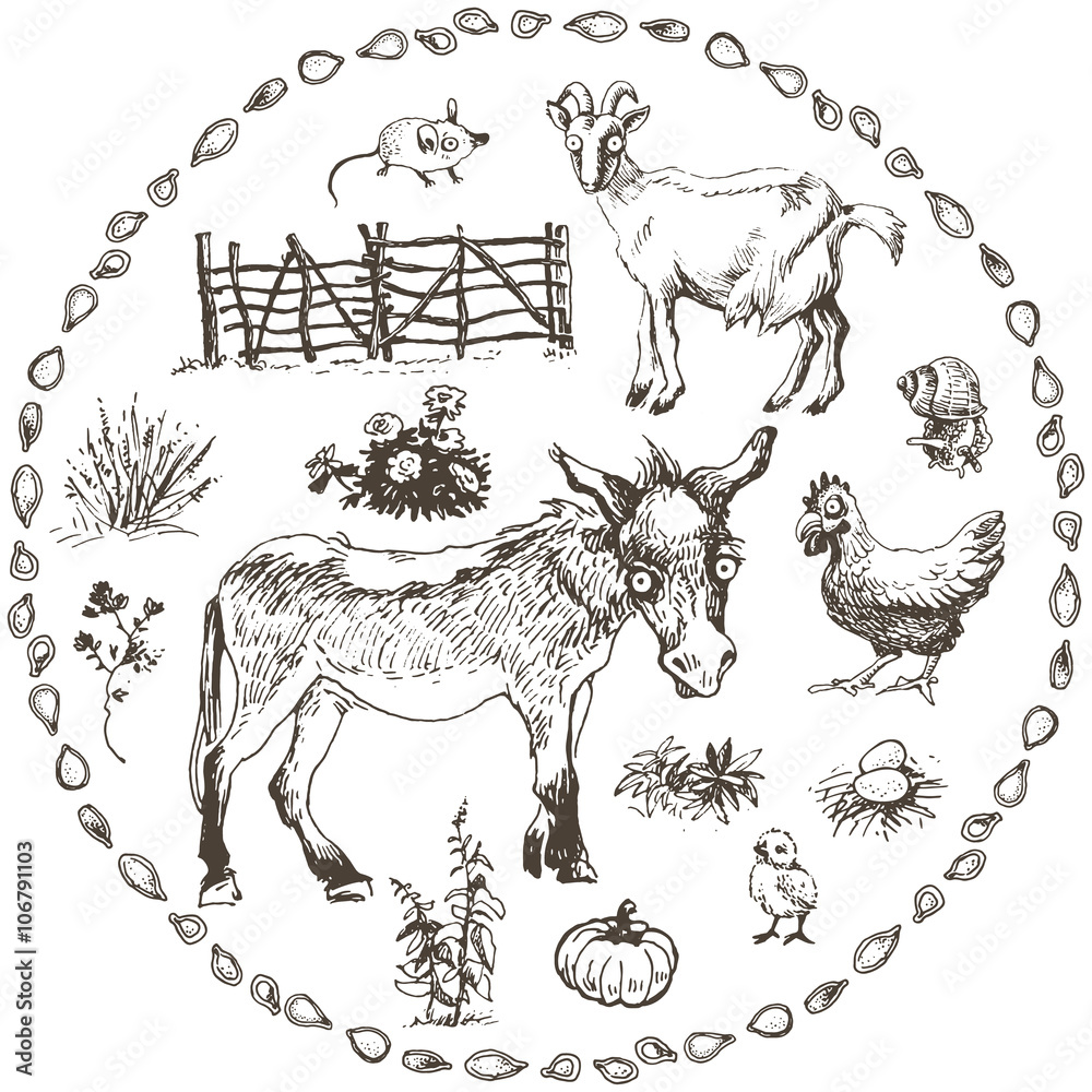 Set of hand drawn farm animals, vector illustration Stock Vector ...