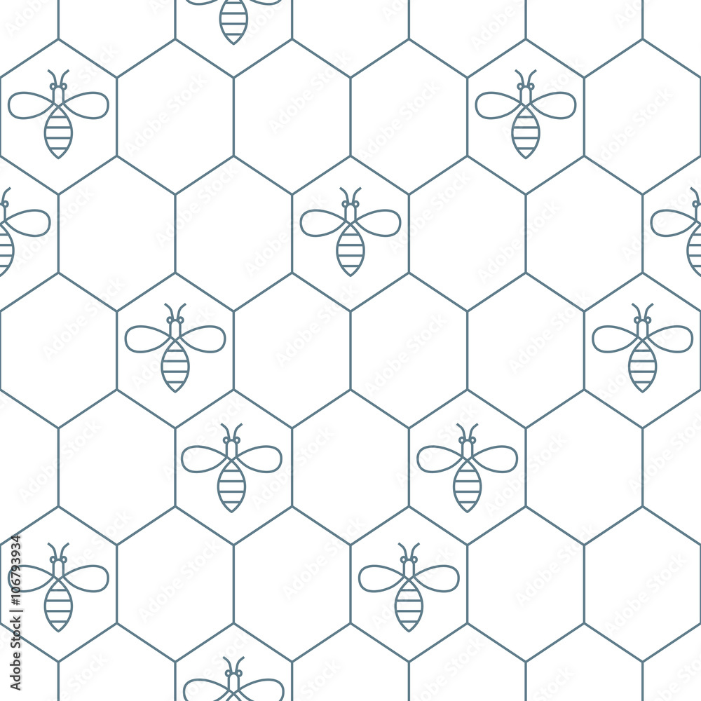 Vector seamless pattern with outline bees and honeycombs. Simple black ...