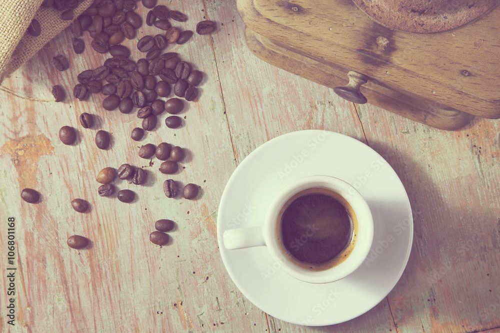 Italian espresso / overhead of a cup of espresso coffee in vintage ...