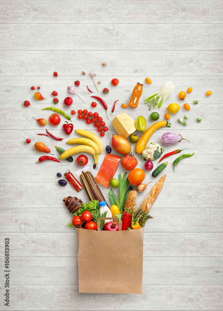 Healthy food in package. Studio photography of different fruits and ...