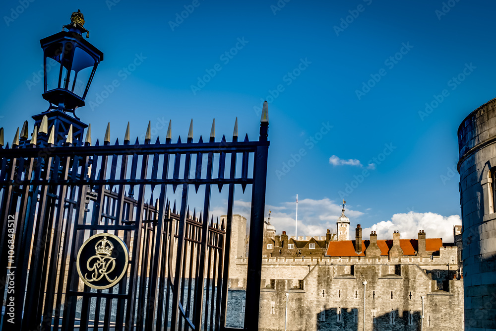 Open gate outside the tower of london on a cloudy day in London ...