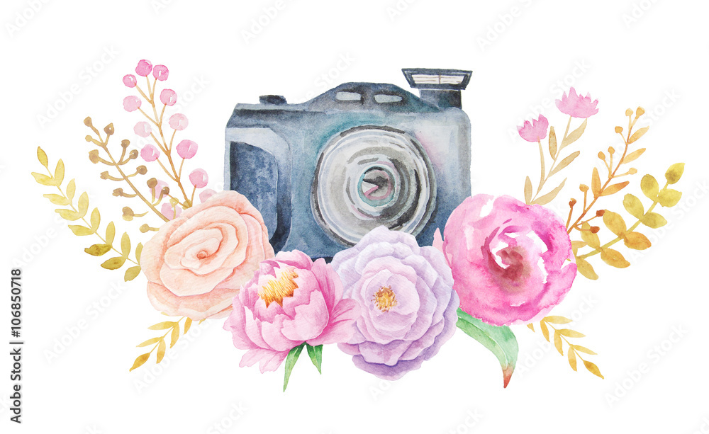Watercolor camera and flowers Stock Illustration | Adobe Stock