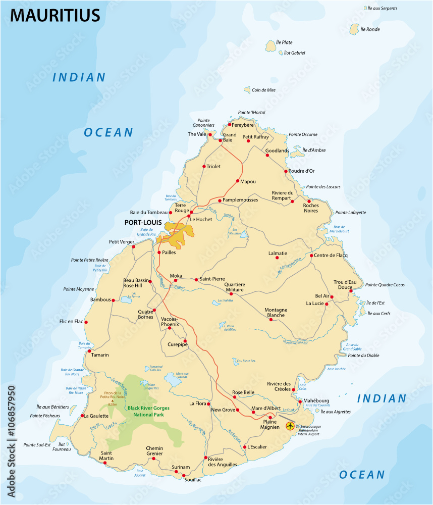 road map of the island State Mauritius in the Indian ocean Stock Vector ...