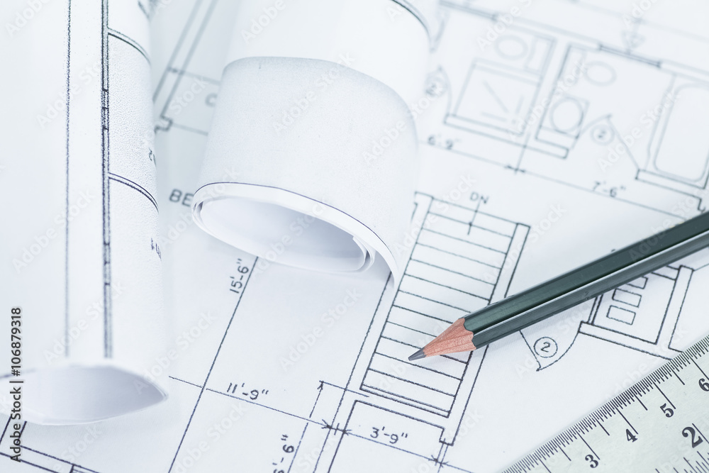 Architect rolls and plans.architectural plan,technical project drawing ...