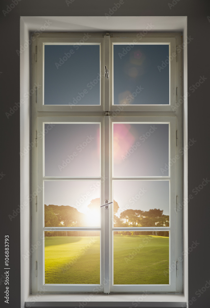 Classic white window and the forest view outside with sunset Stock ...