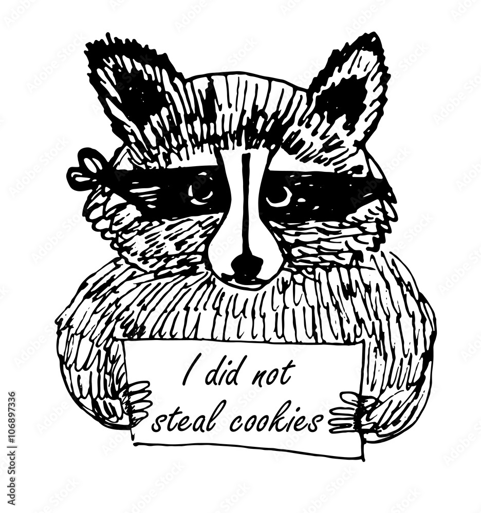 Funny Cartoon picture raccoon thief in a dark bandage with a sign ...