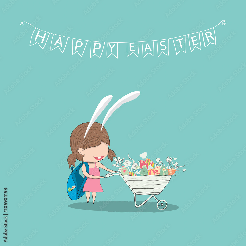 Cartoon girl rabbit cart easter eggs. drawing by hand vector, dr Stock ...
