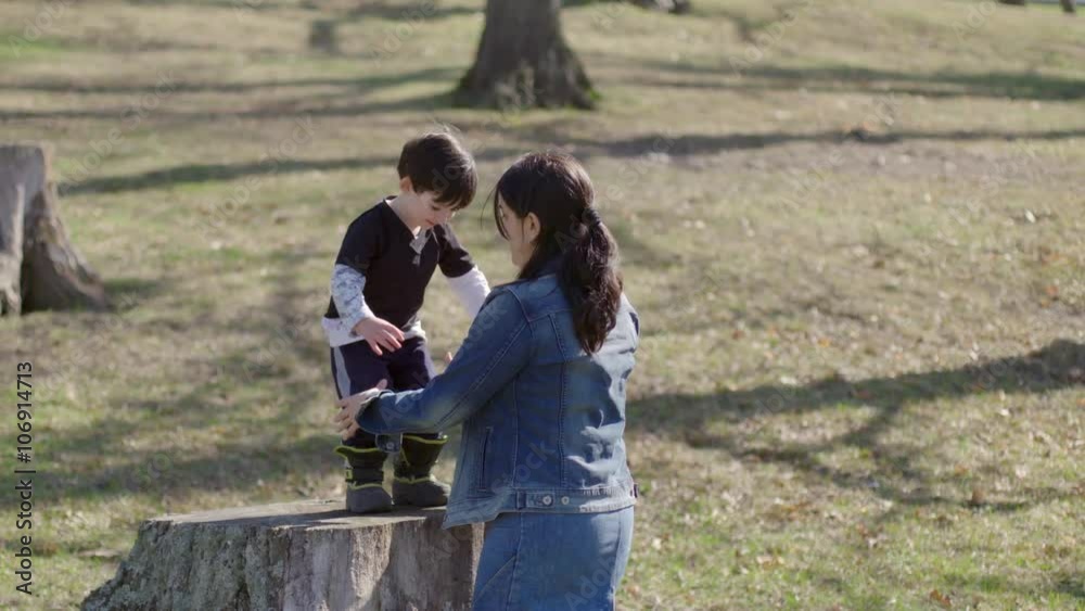Mother gives her son a helping hand, lifting him up off a tree stump in ...