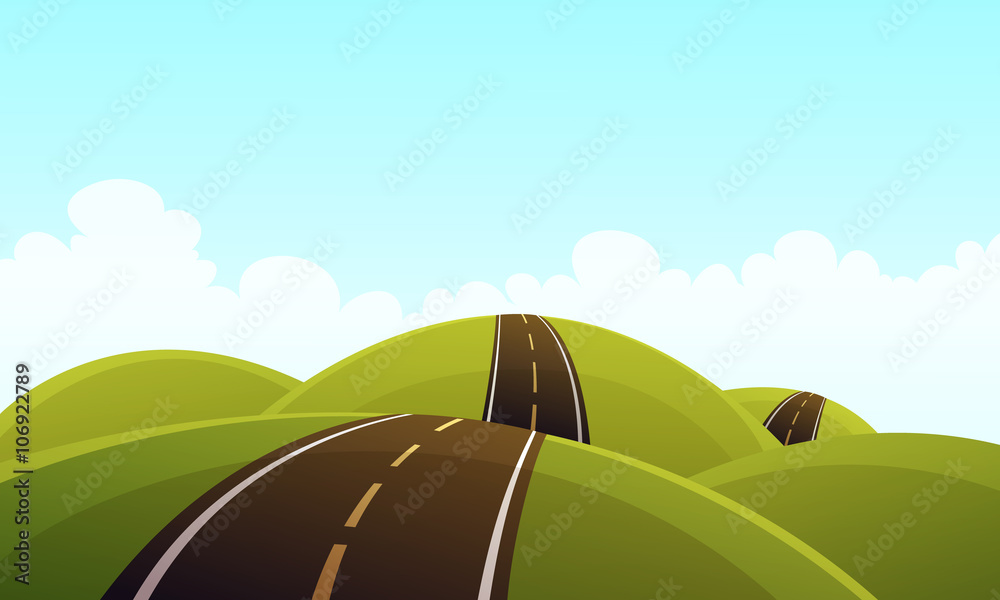 Cartoon illustration of the asphalt road over the hills. Stock Vector ...