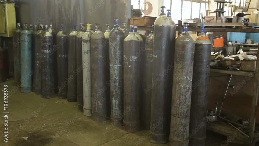 Acetylene and gas steel storage tanks for welding.Bottled gas cylinders ...
