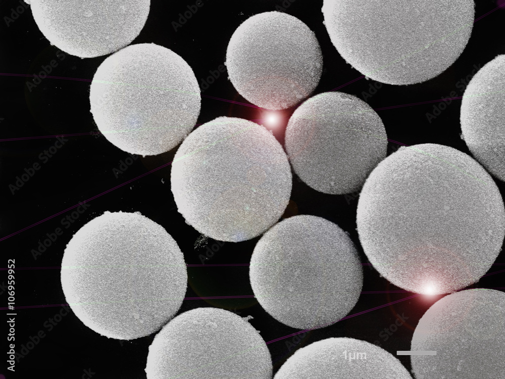 SEM image of SiO2 Silicon Dioxide empty balls, coated with gold and ...