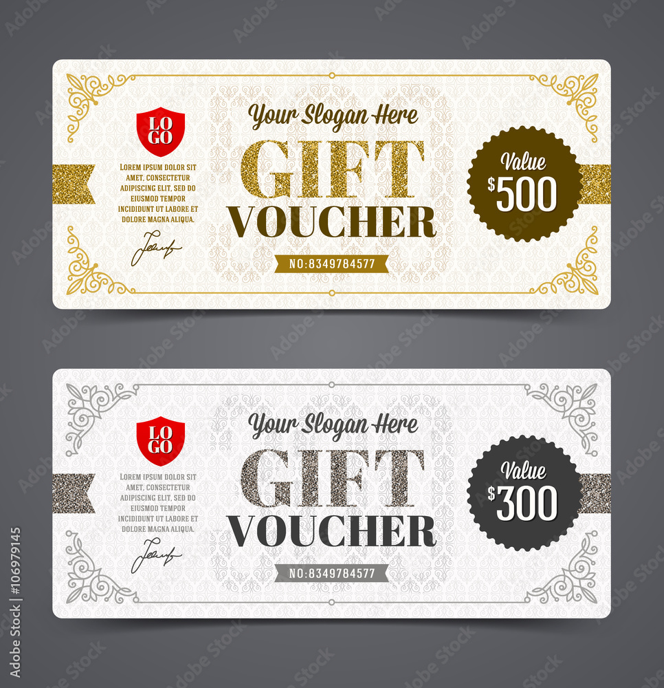 Gift voucher template with glitter gold and silver, Vector illustration ...