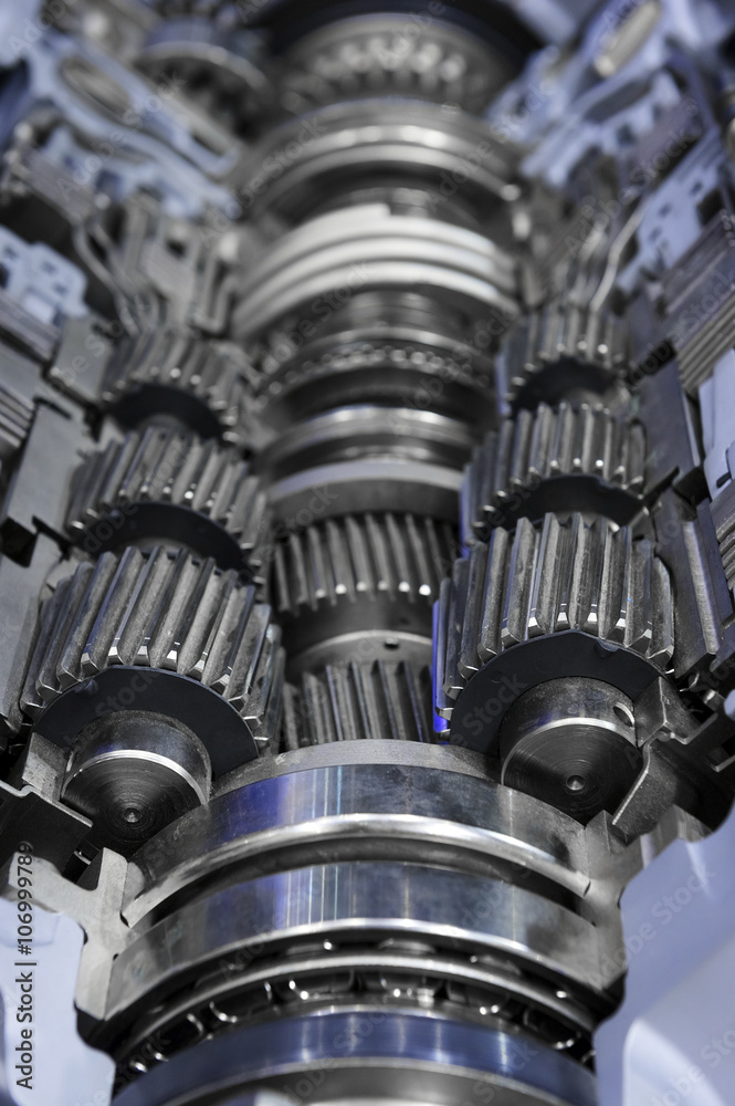 Gearbox cross-section, engine industry, sprockets, cogwheels and ...