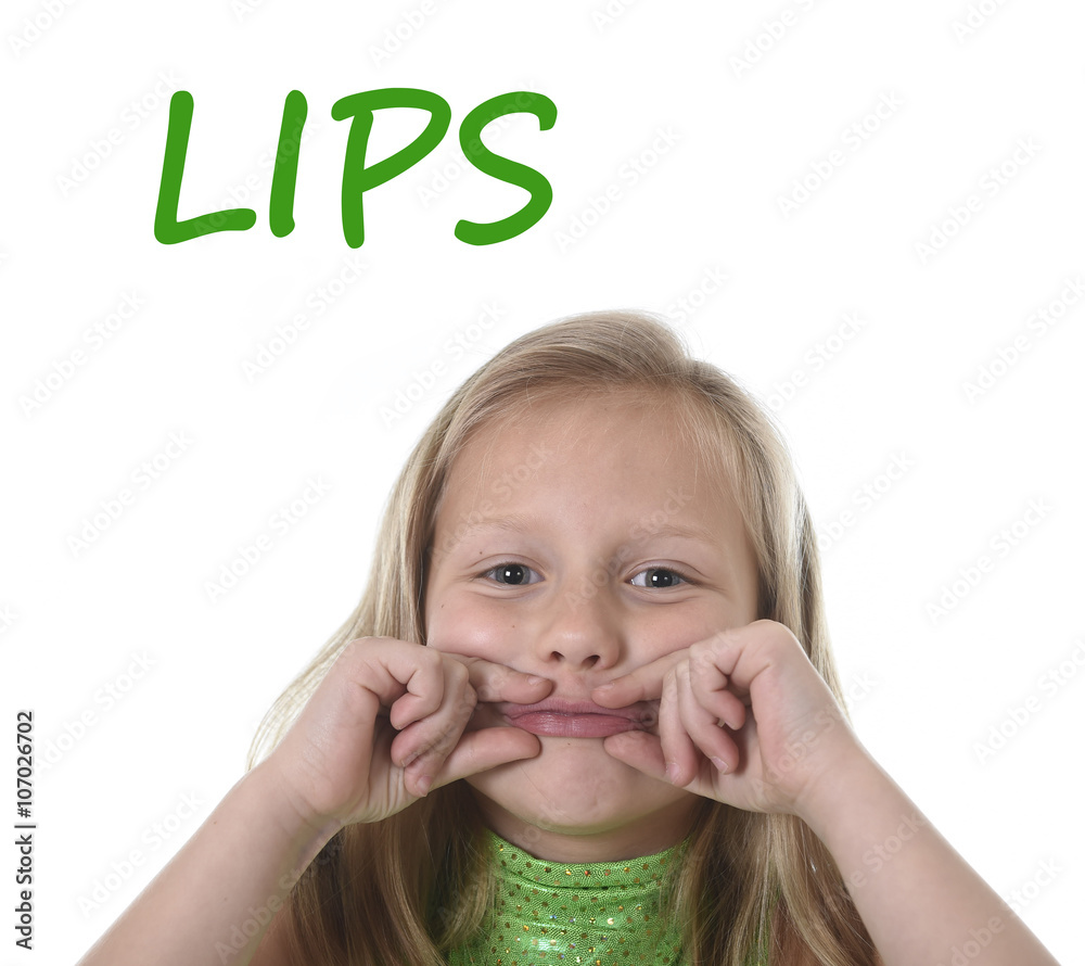 Foto de cute little girl showing her lips in body parts learning ...