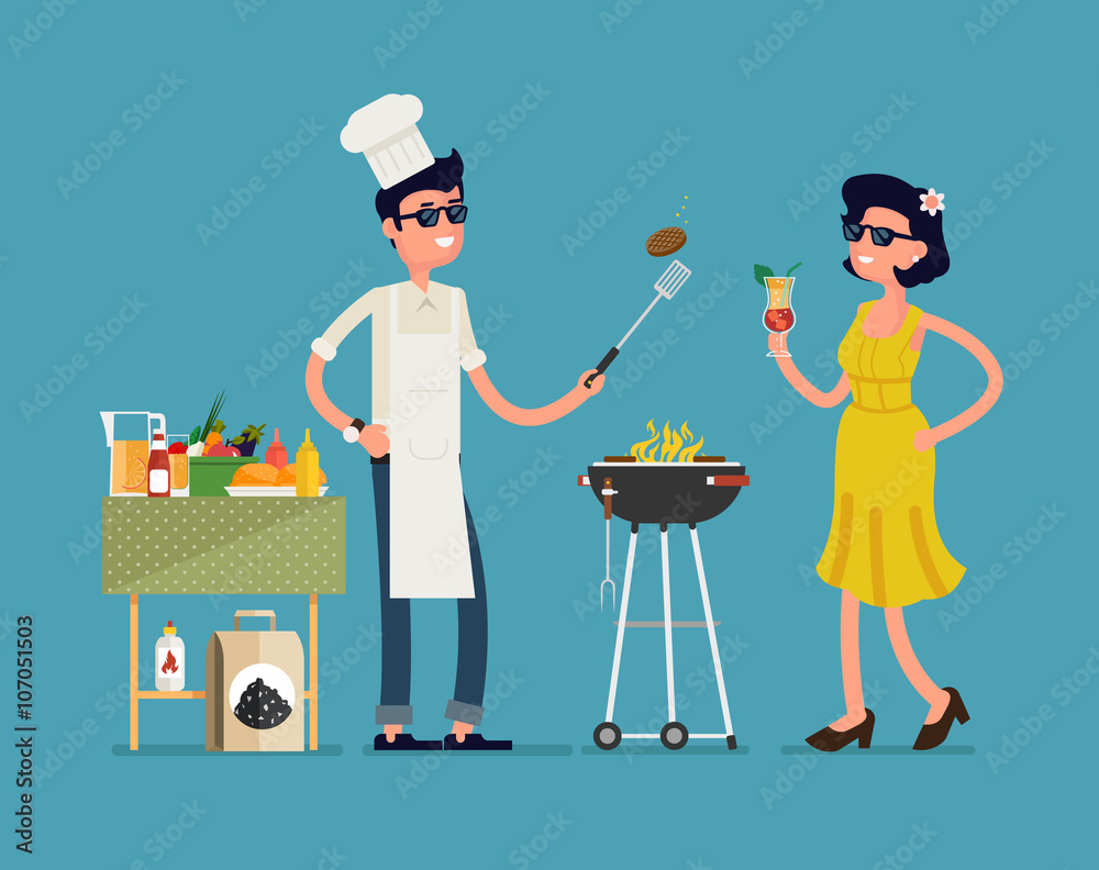Boy and girl on bbq Stock Vector | Adobe Stock